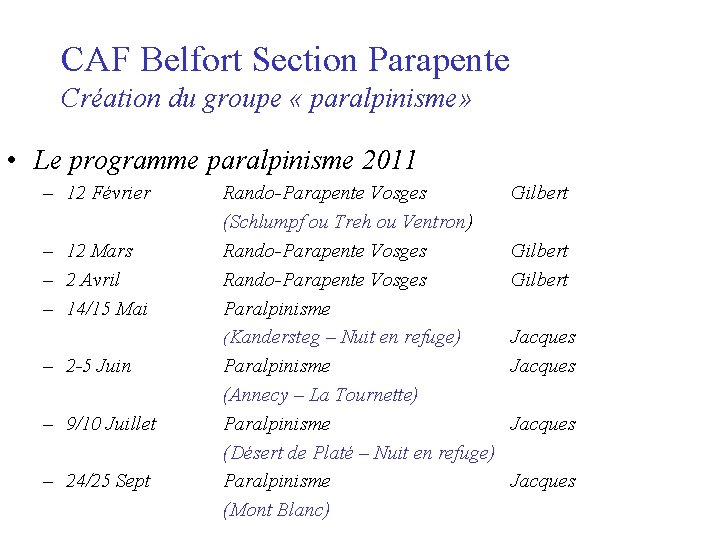 CAF Belfort Section Parapente Runion programme 2011 Bar