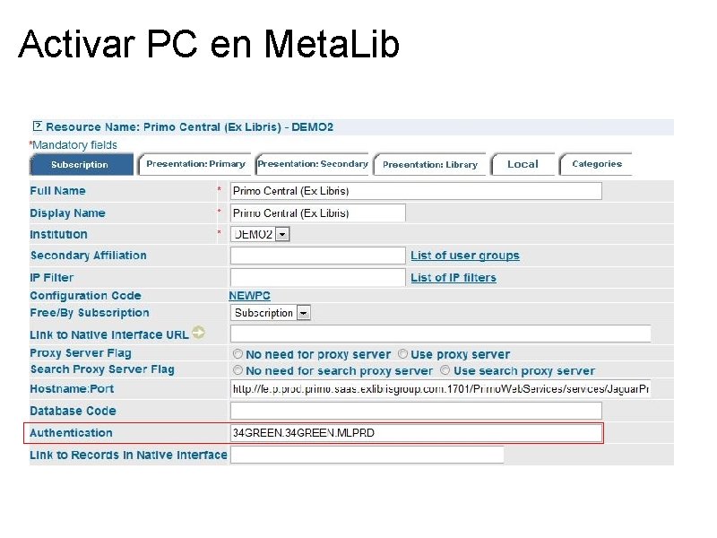 Meta Lib Activar Primo Central como recurso Versin
