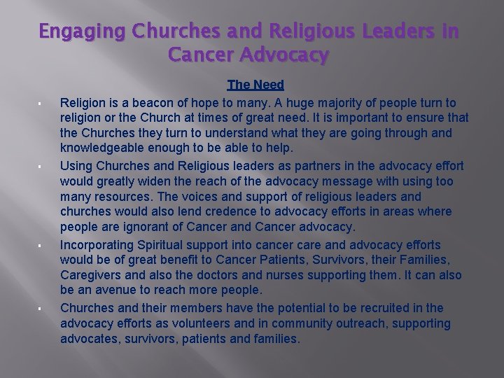 ENGAGING CHURCHES AND RELIGIOUS LEADERS IN CANCER ADVOCACY