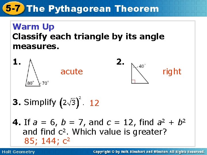5 7 The The Pythagorean Theorem Warm Up