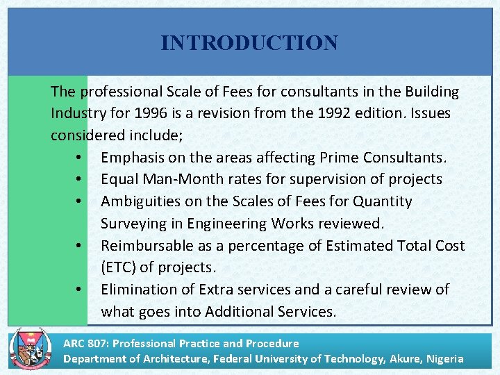 CALCULATION OF ARCHITECTS REMUNERATION ACCORDING TO THE 1996