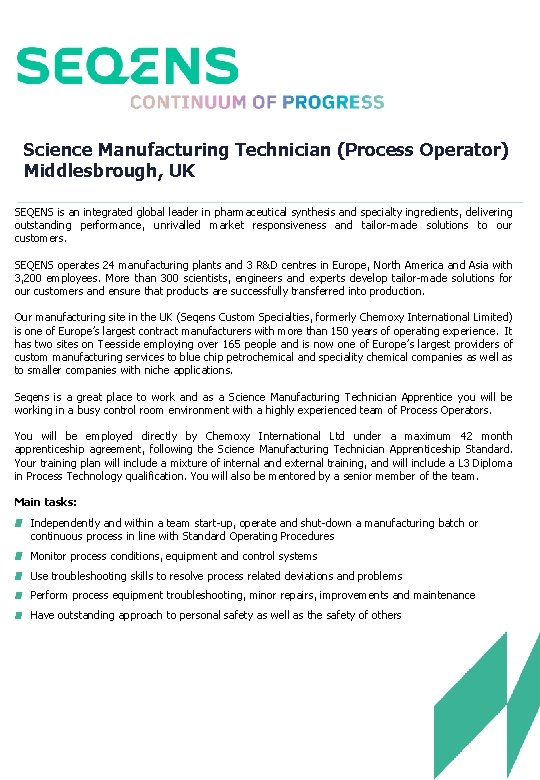 Science Manufacturing Technician Process Operator Middlesbrough UK SEQENS