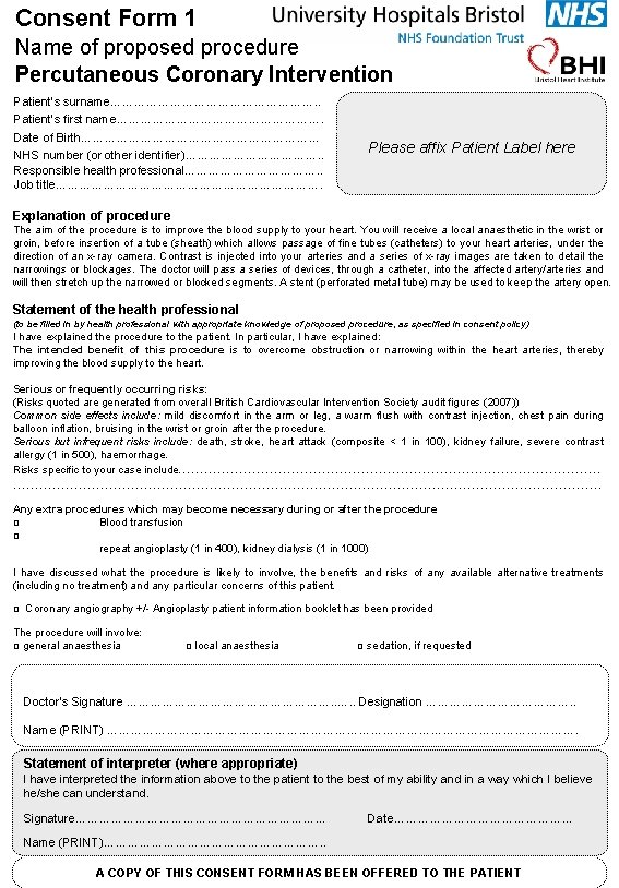 Consent Form 1 Name of proposed procedure Percutaneous