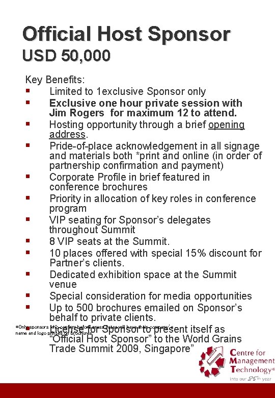 Official Host Sponsor USD 50 000 Key Benefits