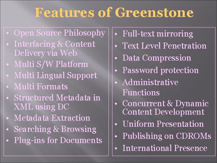 Greenstone in Building Digital Library Collections Internet Intranet