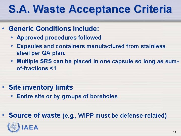 Waste Acceptance Criteria Presenter Name School of Drafting