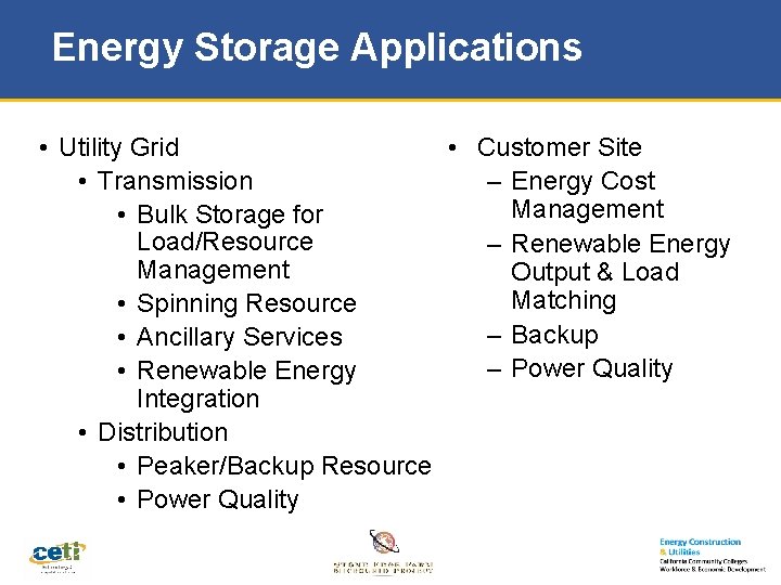 Energy Storage Technologies Energy Storage Applications Utility Grid