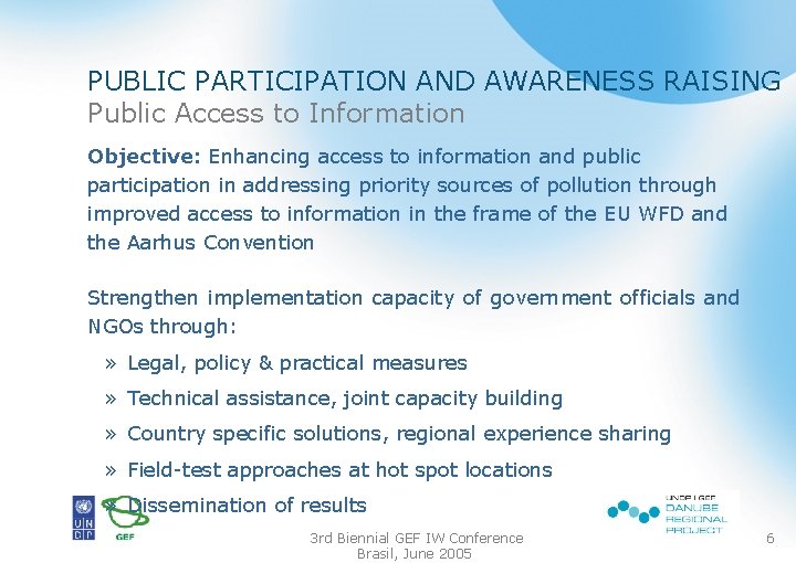 PUBLIC PARTICIPATION AND AWARENESS RAISING Content Danube Regional