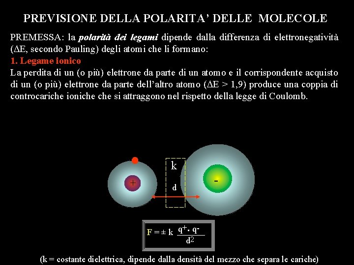 PREVISIONE DELLA POLARITA DELLE MOLECOLE PREMESSA la polarit