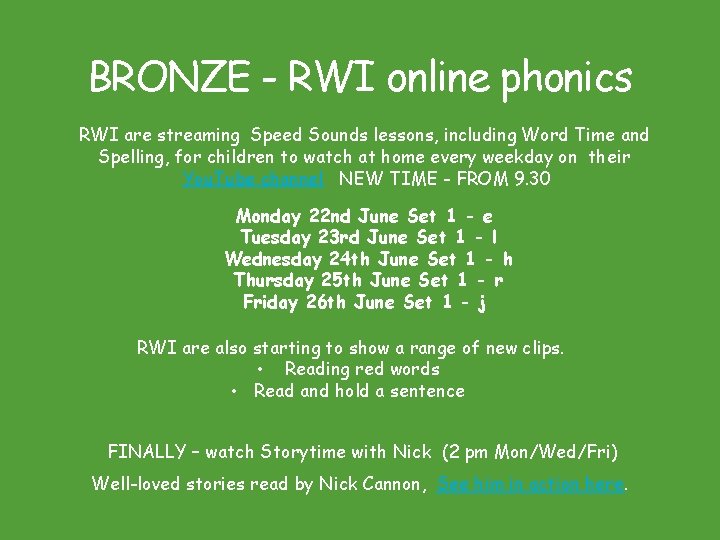 BRONZE RWI online phonics RWI are streaming Speed