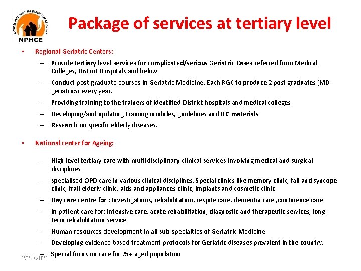 National Program for Health Care of Elderly NPHCE