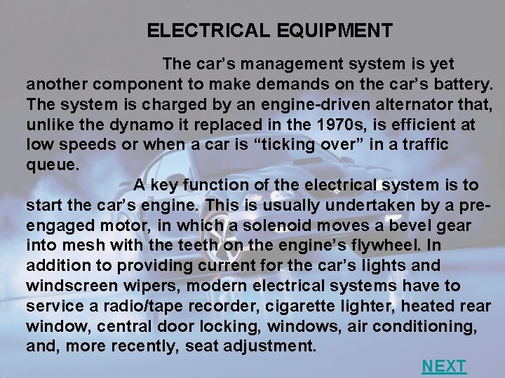 CLICK ANY ONE MAIN MENU INTRODUCTION CAR SYSTEMS