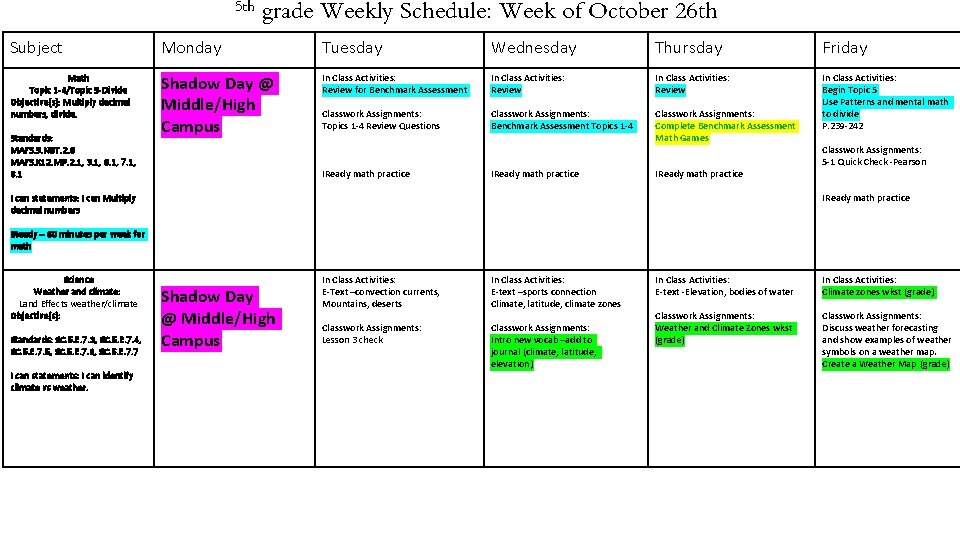 5 th grade Weekly Schedule Week of October