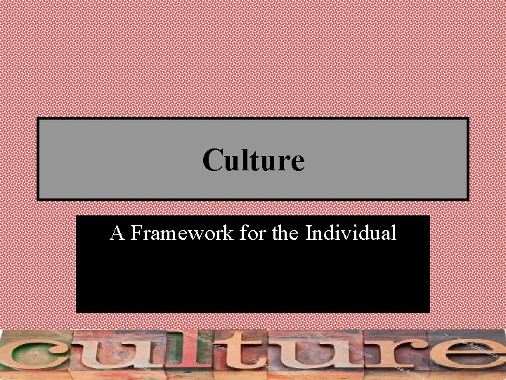 Culture A Framework for the Individual What is