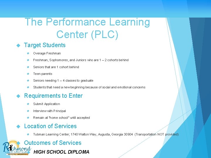 The Performance Learning Center PLC Target Students Overage