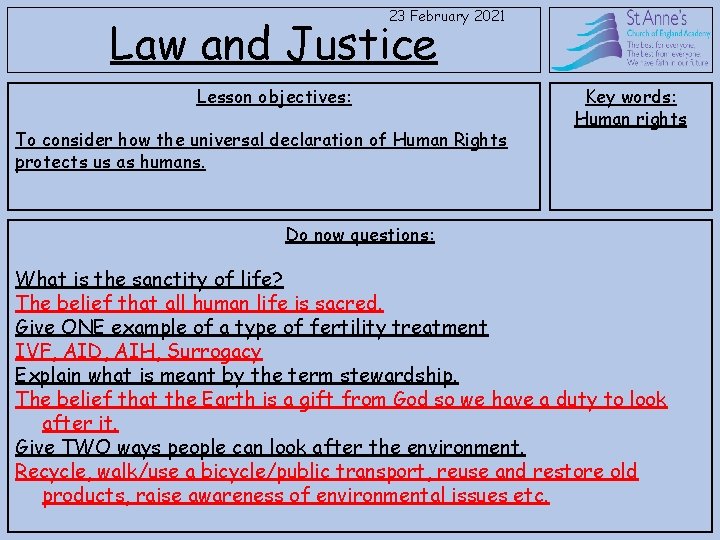 23 February 2021 Law and Justice Lesson objectives