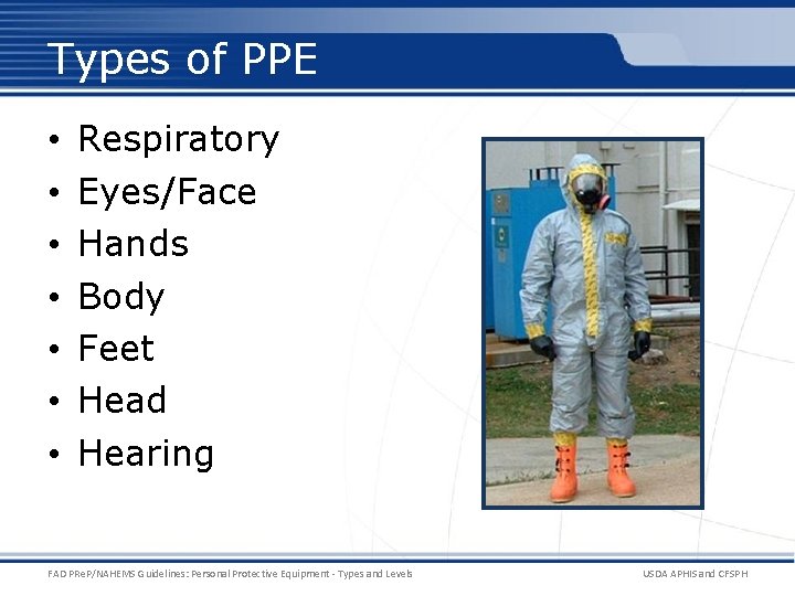 Personal Protective Equipment Types and Levels Adapted from