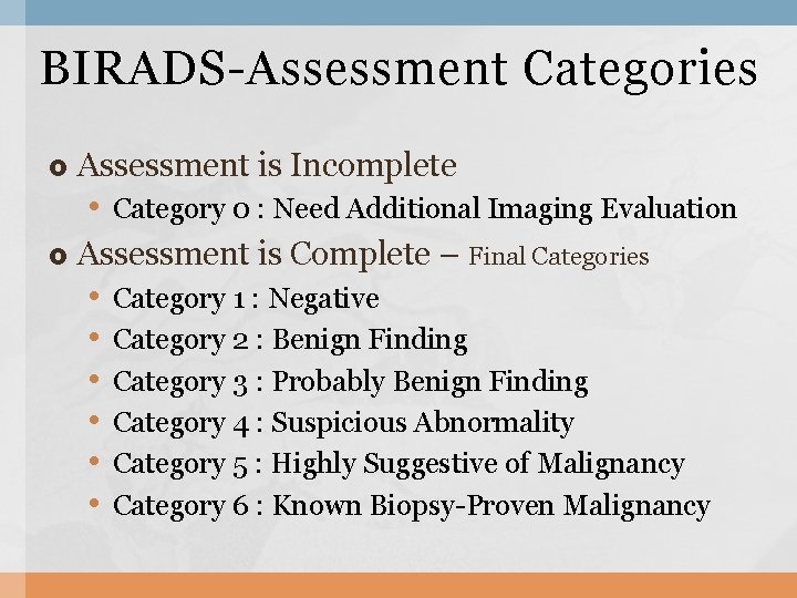 BI RADS breast imaging reporting and data system