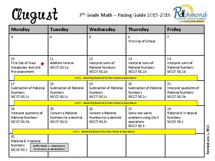 7 th Grade Math Pacing Guide 2015 2016