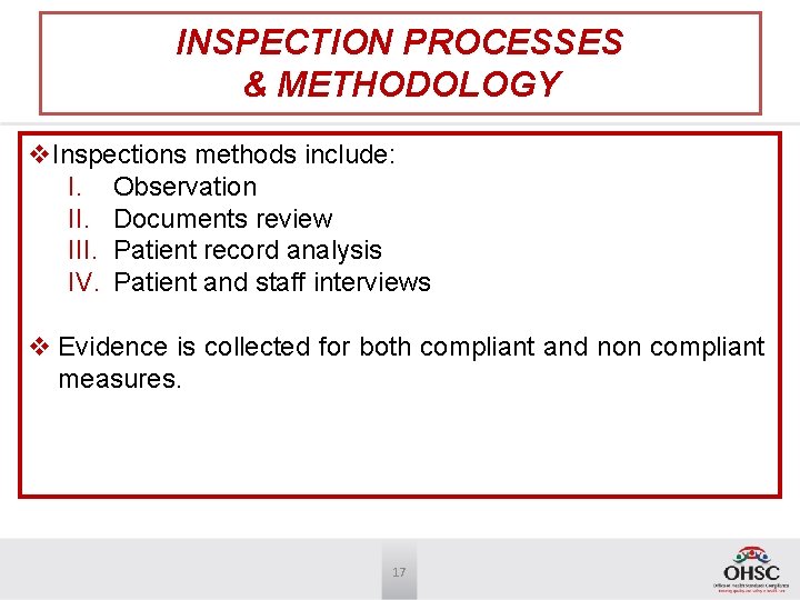 NORMS AND STANDARDS COMPLIANCE INSPECTIONS 16 17 January