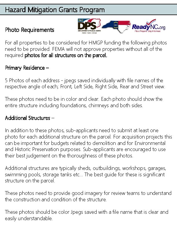 Hazard Mitigation Grants Program Photo Requirements For all