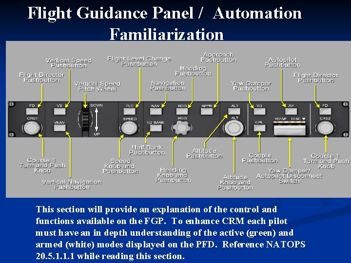 Flight Guidance Panel Automation Familiarization This section will