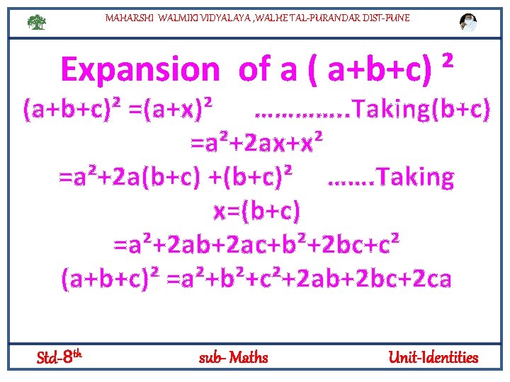 MAHARSHI WALMIKI VIDYALAYA WALHE TALPURANDAR DISTPUNE Subject Std8