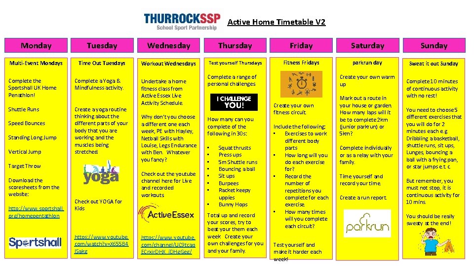 Active Home Timetable V 2 Monday Tuesday Wednesday