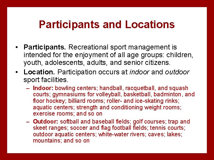 Recreational Sport Management Introduction Foundation of recreational sport