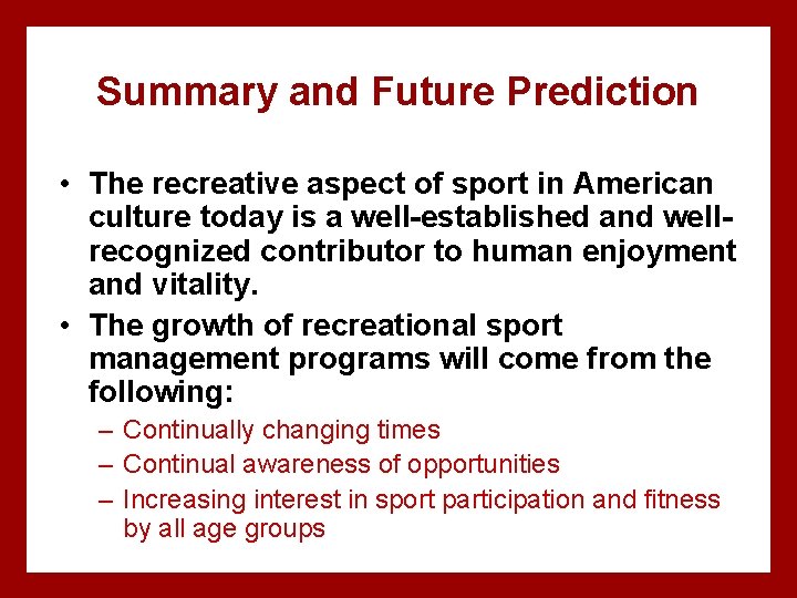 Recreational Sport Management Introduction Foundation of recreational sport