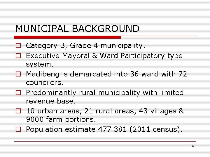 MUNICIPAL STATUS QUO REPORT FOCUS ON SERVICE DELIVERY