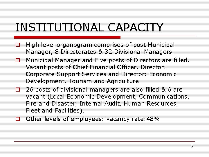 MUNICIPAL STATUS QUO REPORT FOCUS ON SERVICE DELIVERY