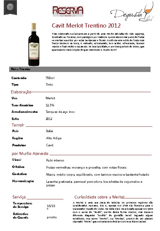 Cavit Merlot Trentino 2012 Tinto elaborado exclusivamente a