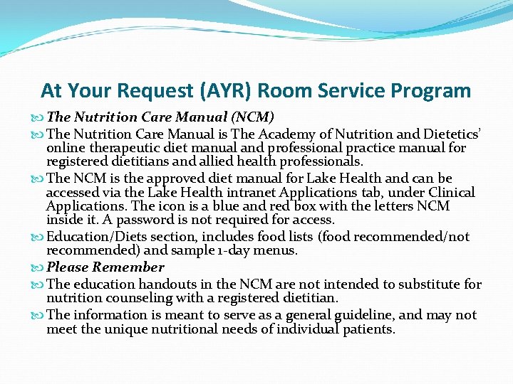 Nutrition Services At Your Request Room Service Program