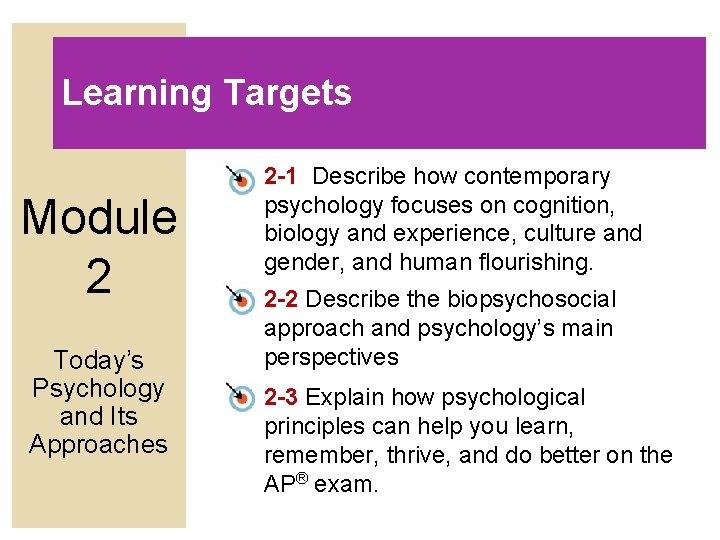 Learning Targets Module 2 Todays Psychology and Its