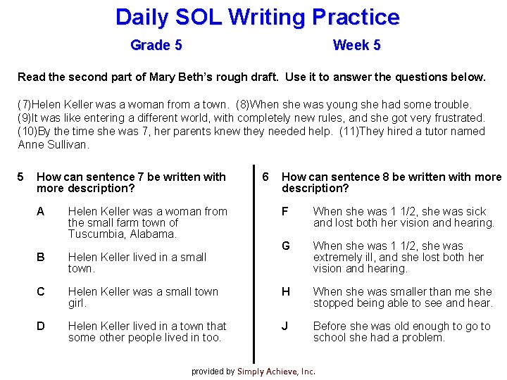 Daily SOL Writing Practice Grade 5 Week 5