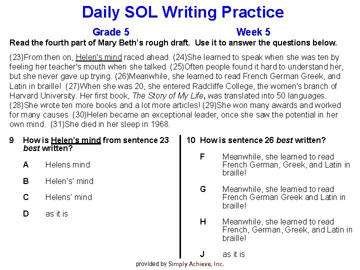 Daily SOL Writing Practice Grade 5 Week 5