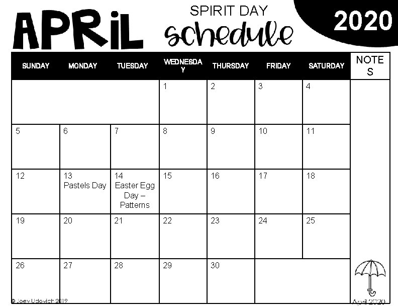 SPIRIT DAY SUNDAY MONDAY TUESDAY WEDNESDA Y THURSDAY
