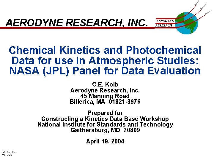 AERODYNE RESEARCH INC Chemical Kinetics and Photochemical Data