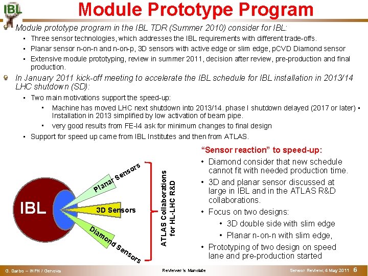 o Sensor Review Mandate IBL Sensor Review Kickoff