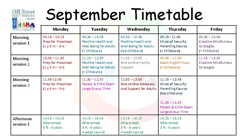 September Timetable Monday Tuesday Wednesday Thursday Friday Morning