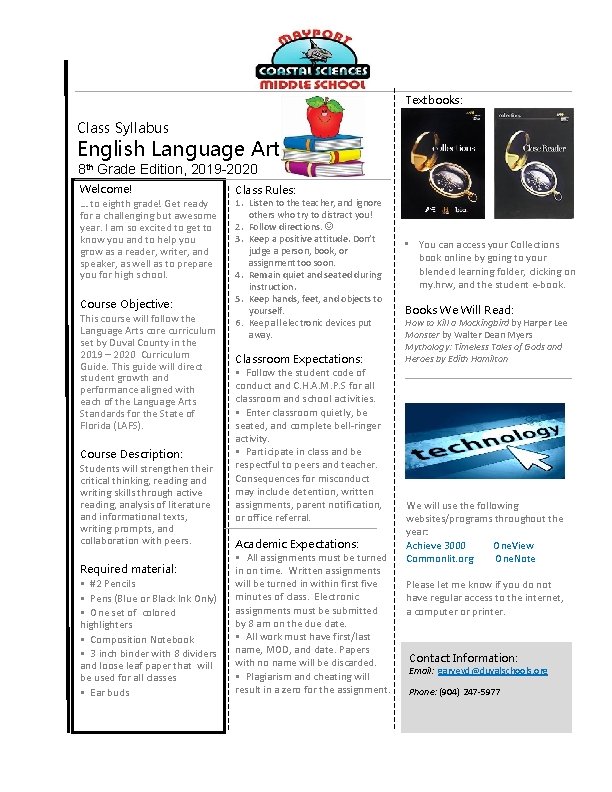 Textbooks Class Syllabus English Language Arts 8 th