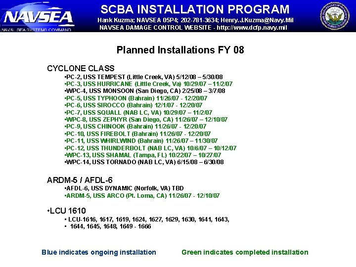 SCBA INSTALLATION PROGRAM Hank Kuzma NAVSEA 05 P