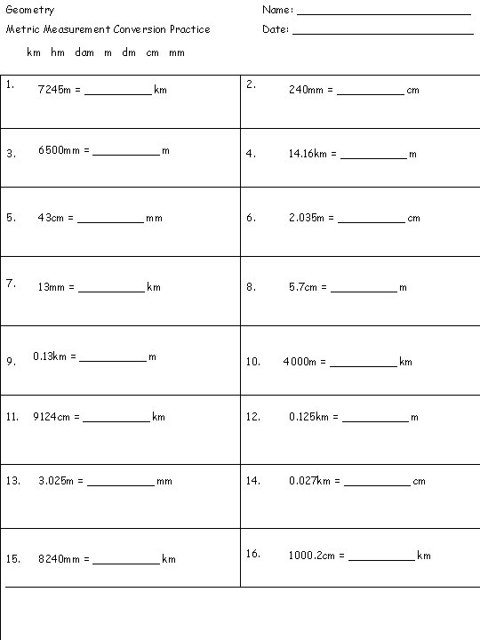 Geometry Unit 6 English Measurement Conversion Notes Name