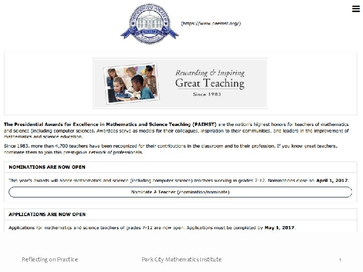 Reflecting on Practice Park City Mathematics Institute 1