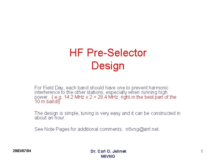 HF PreSelector Design For Field Day each band