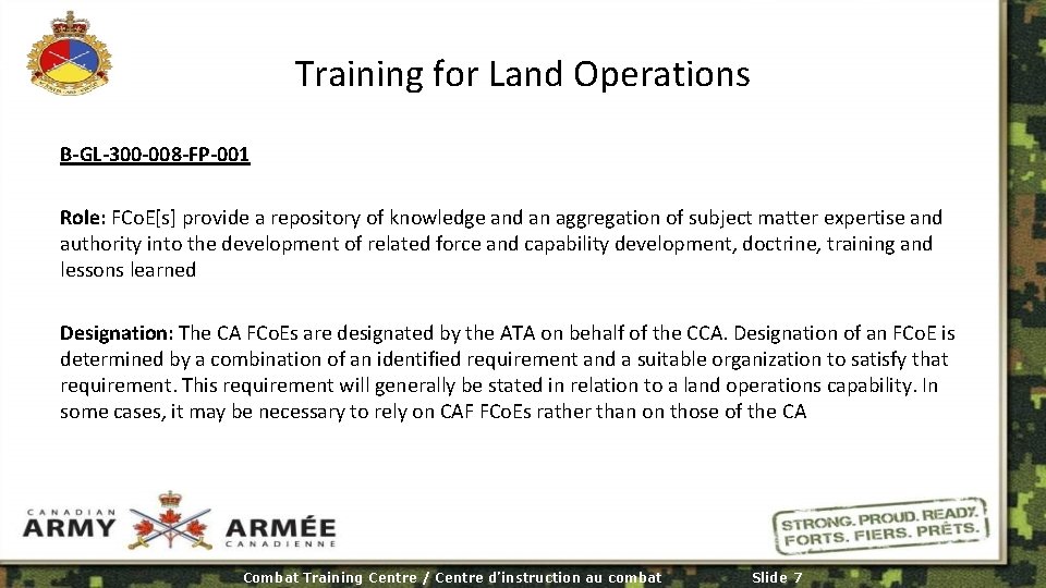 Combat Training Centre Commandants Council Functional Centres of