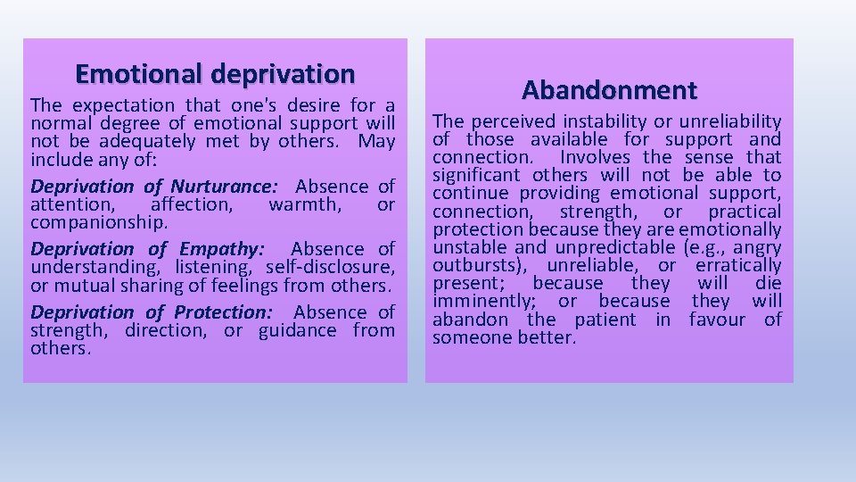 Emotional deprivation The expectation that ones desire for