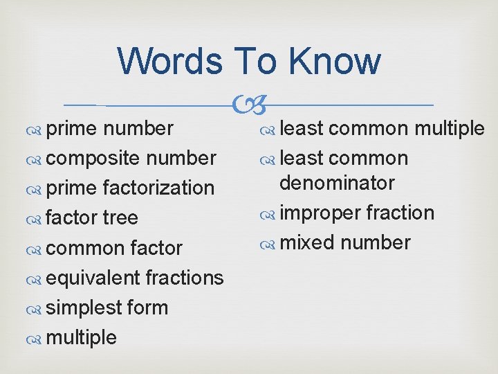 Number Relationships Fractions Chapter 2 prime Words To