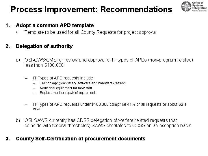 County APD Process Reengineering Project Status Report September